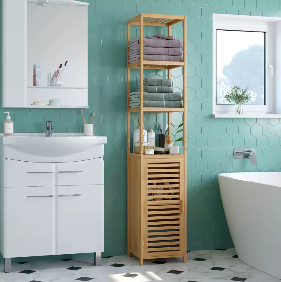 Hoge Badkamerkast van Bamboe – 169x33x34cm – 100% Natuurlijk Bamboe ...