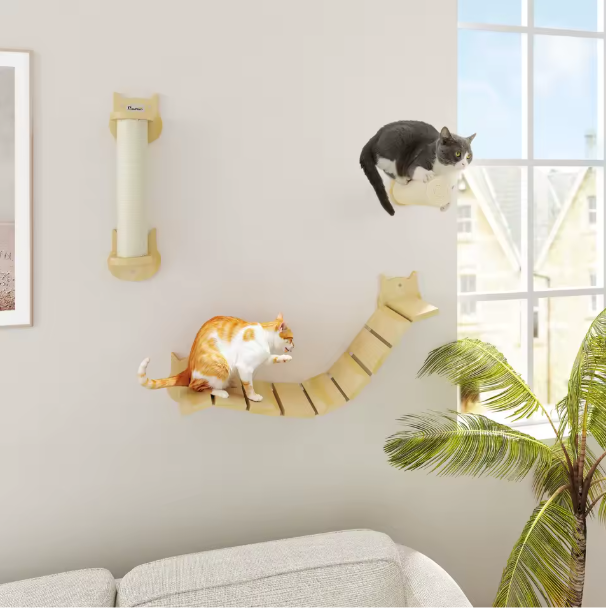 Kattenklimmuur 3-delig – Houten Klimset met Krabpaal, Ladder & Plateau ...